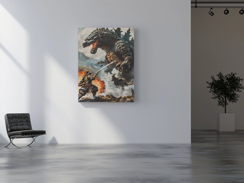 Feudal Japan Samurai Vs. Godzilla Canvas Art Realistic Ukiyo-e Style ...