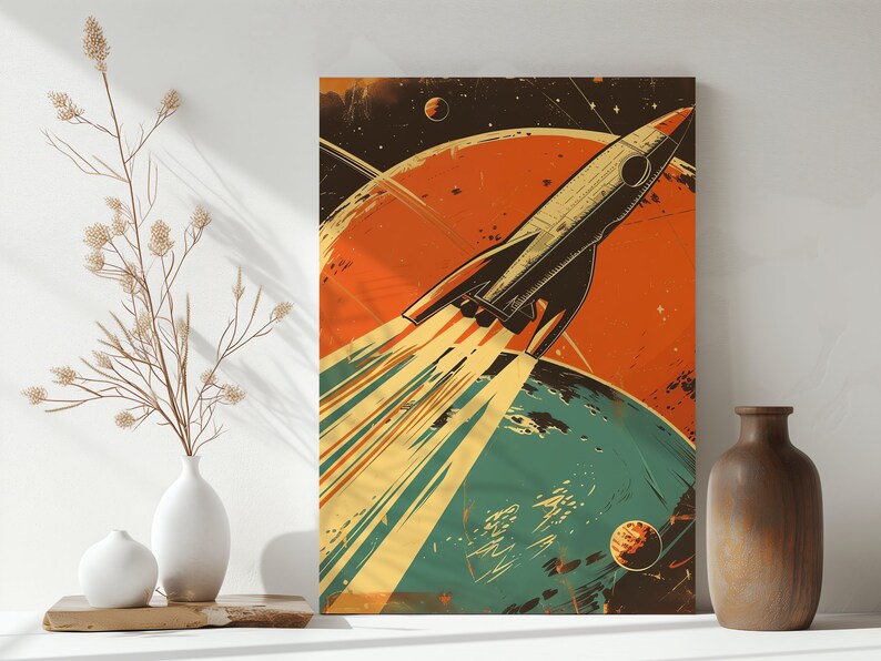 Space Shuttle Over Planet Poster Retro Futurism Style Space Art Print ...