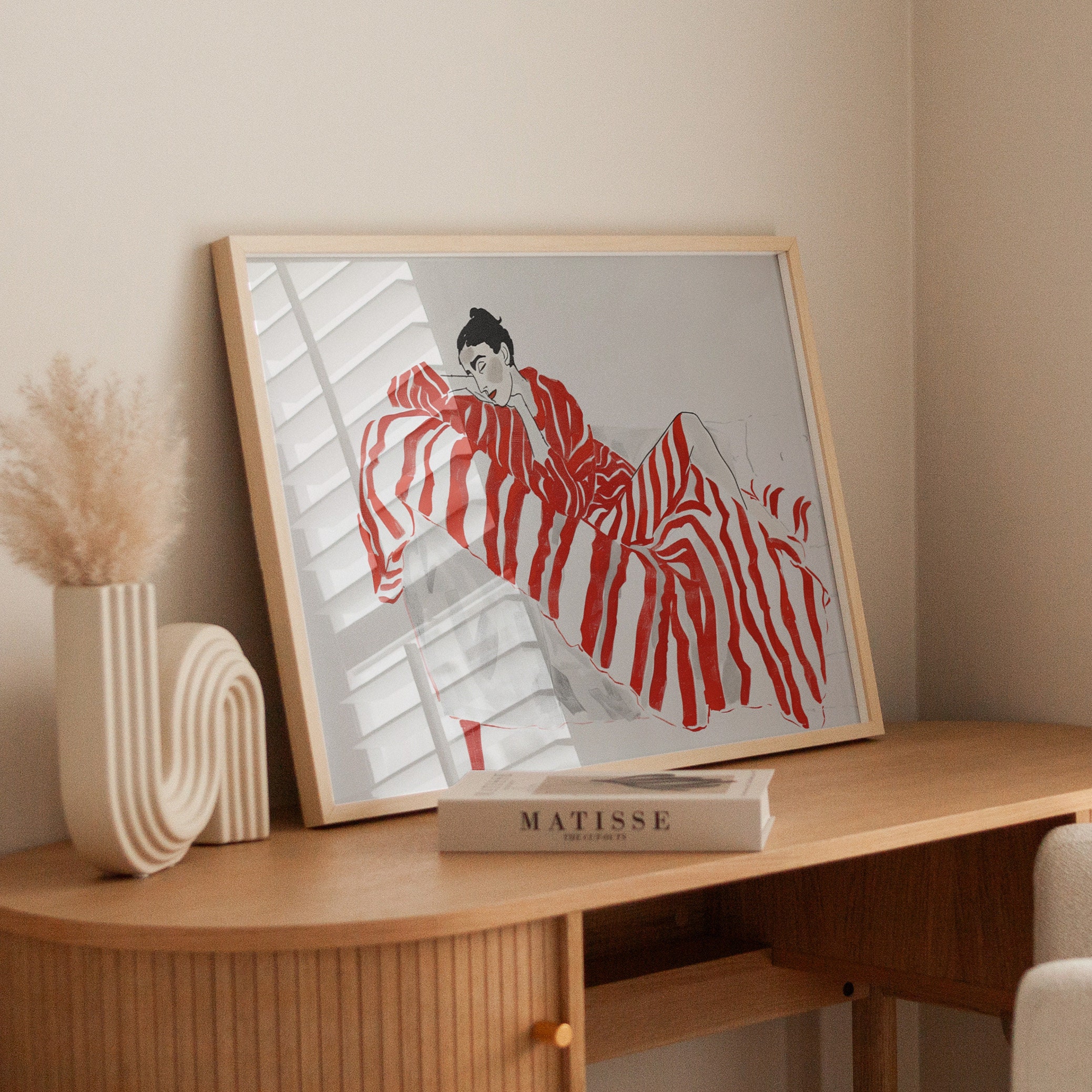 Bold Modern Wall Art Striking Line Drawing Painting of Woman in Red ...