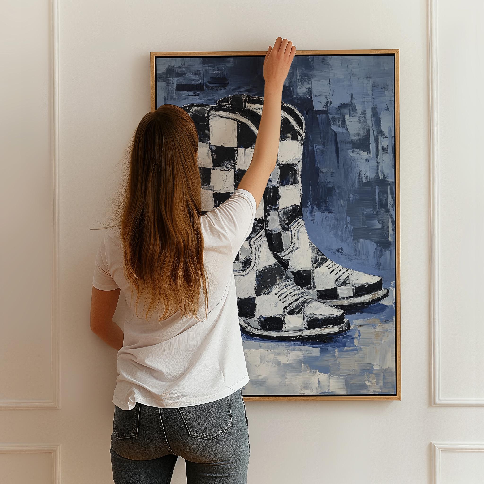 Checkered Cowboy Boots Print: Black and White Western Wall Art (digital ...