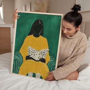 Modern Reading Woman Art, Bold Yellow and Green Wall Art, Minimalist ...