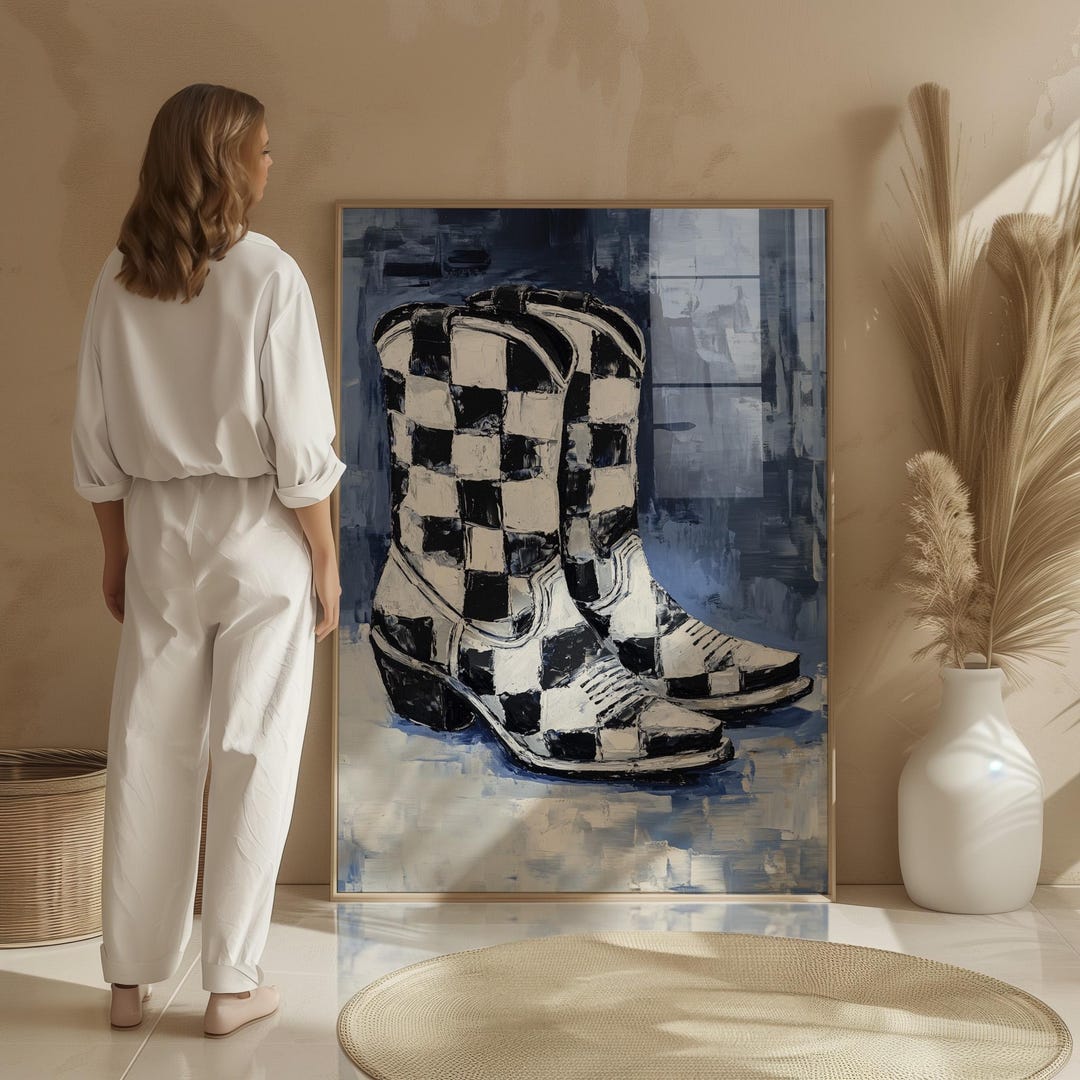 Checkered Cowboy Boots Print: Black and White Western Wall Art (digital ...