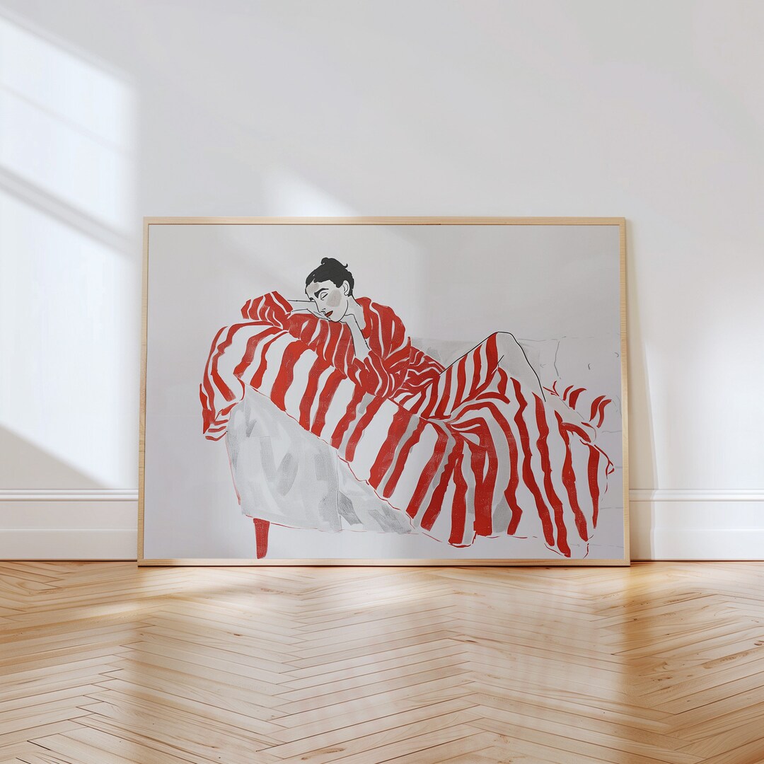 Bold Modern Wall Art Striking Line Drawing Painting of Woman in Red ...