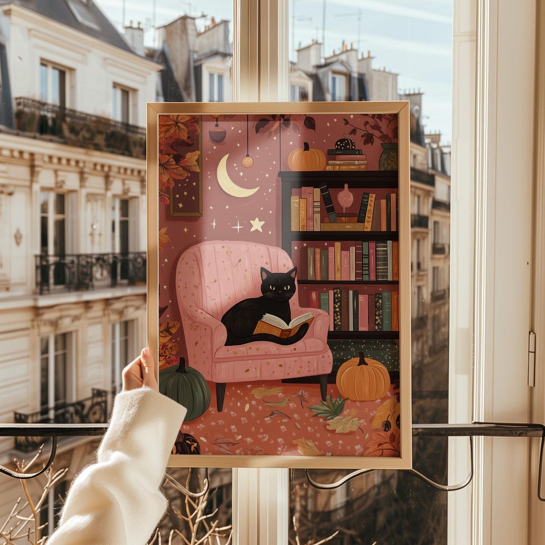 Black Cat Reading in Cozy Autumn Room Print, Halloween Fall Decor, Pink ...