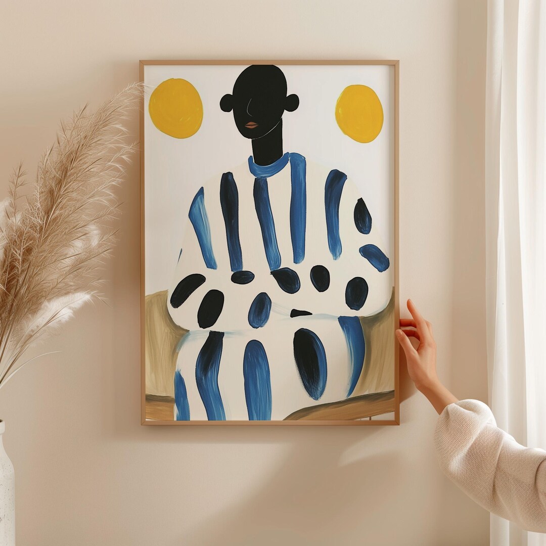 Abstract Figure Print: Blue & Black Stripes, Modern Portrait (digital ...