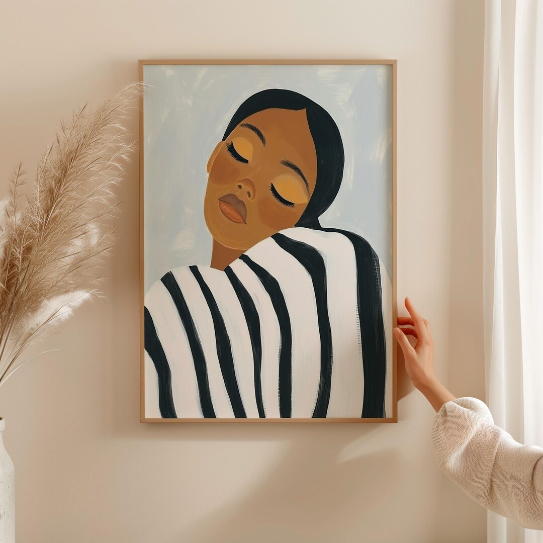 Abstract Sleeping Woman Art Print, Black and White Stripes Wall Decor ...