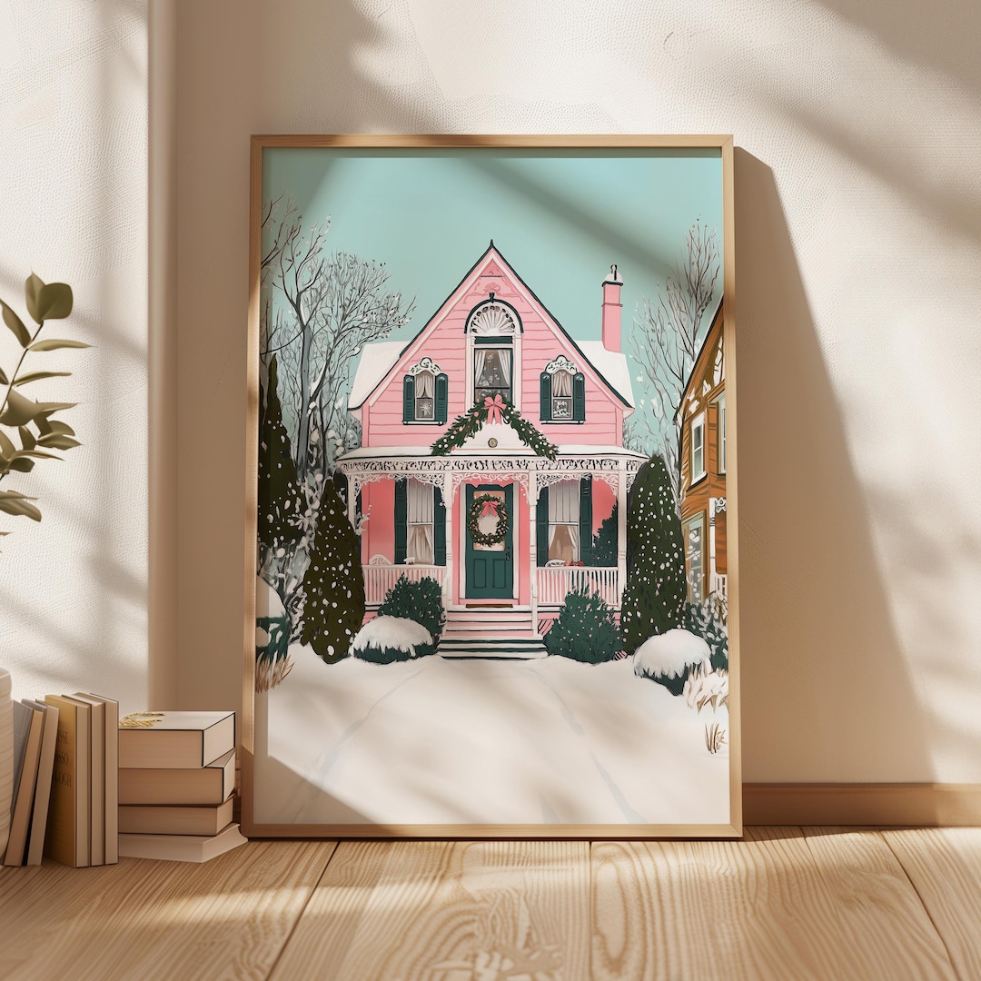 Pink Victorian House Wall Art, Winter Holiday Home Illustration ...