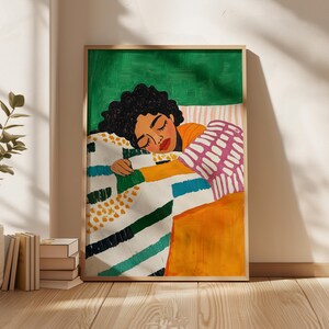 Resting Woman Art Print: Colorful Bedding, Minimalist Bedroom Decor ...