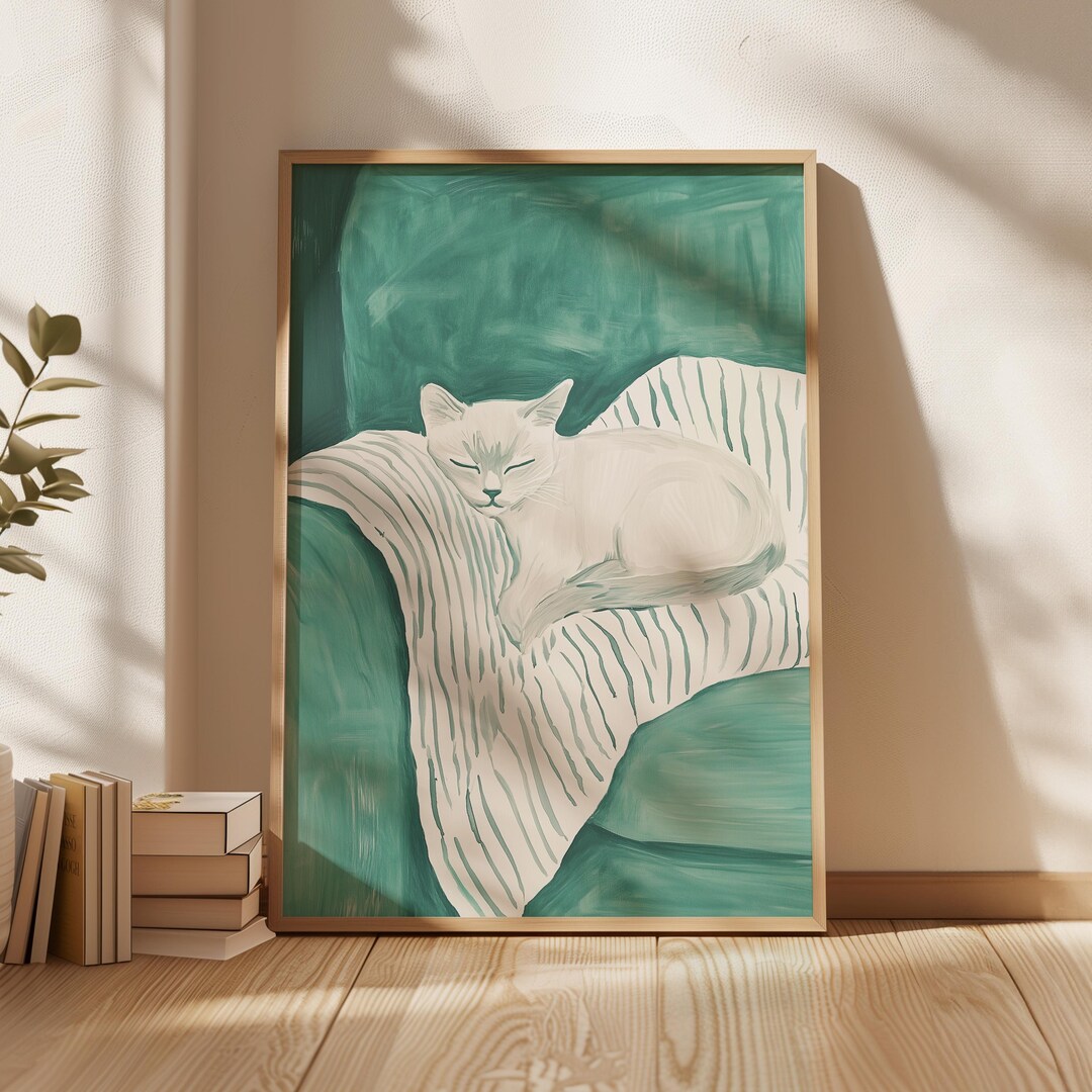 Minimalist Cat Art Print: White Cat on Green Chair (digital Download ...