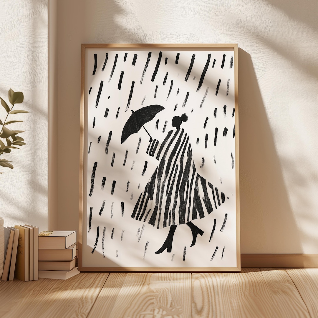 Woman Walking in the Rain Minimalist Art Black and White Umbrella ...