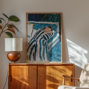 Abstract Sleeping Woman Print, Modern Blue Bedroom Art, Cozy Minimal ...