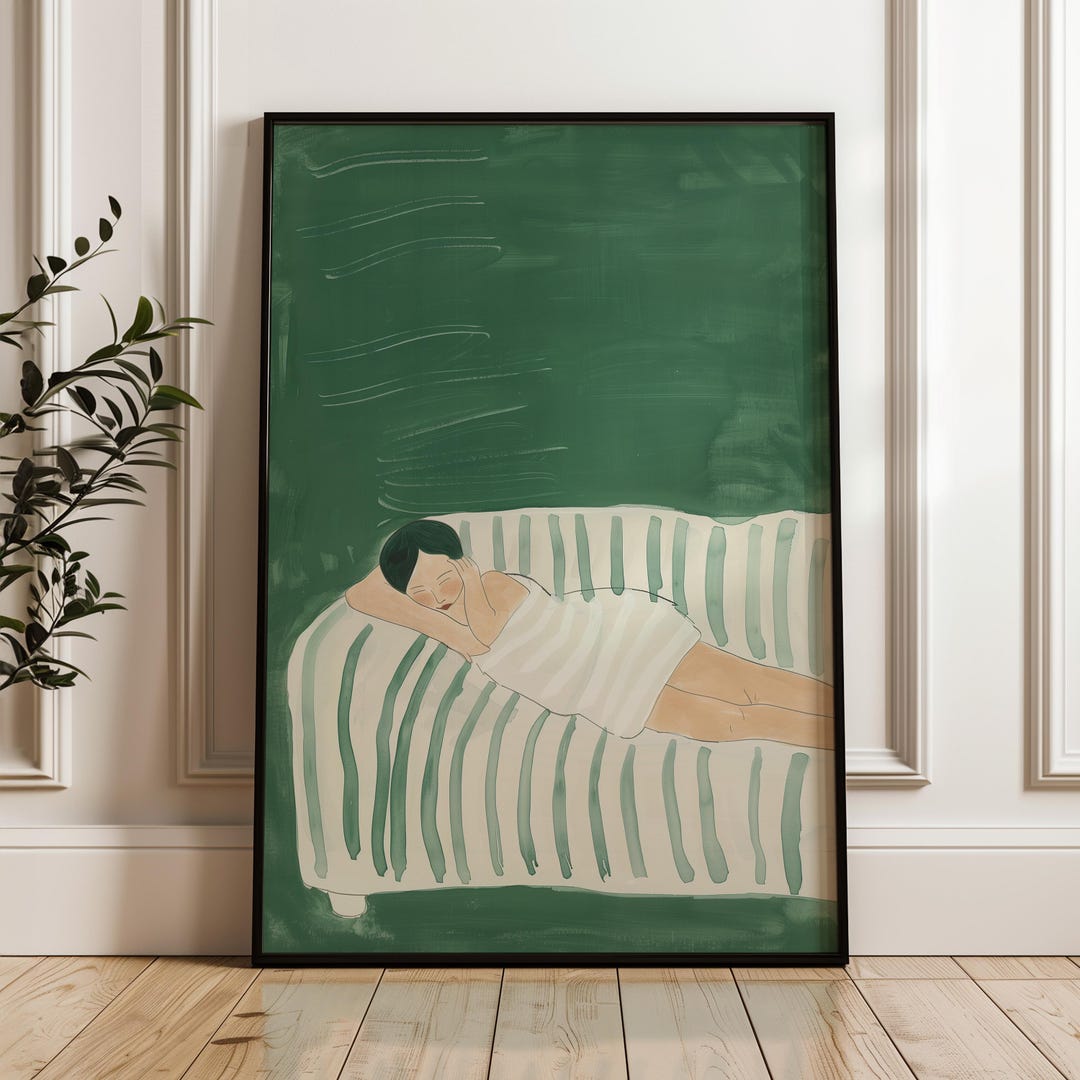 Minimalist Woman Resting Art Print, Calm and Serene Green Tones, Modern ...