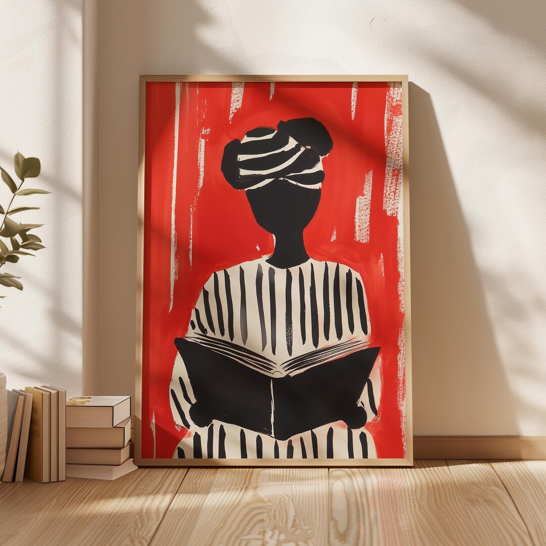 Modern Reading Woman Art, Bold Red and Black Illustration, Minimalist ...