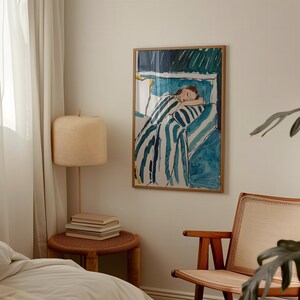 Abstract Sleeping Woman Print, Modern Blue Bedroom Art, Cozy Minimal ...