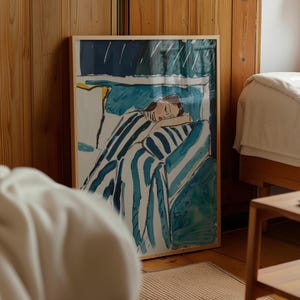 Abstract Sleeping Woman Print, Modern Blue Bedroom Art, Cozy Minimal ...