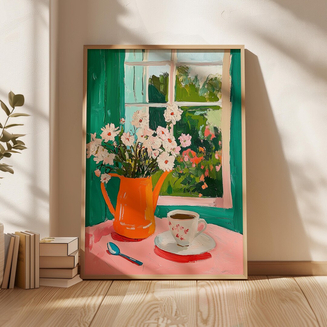 Floral Print, Coffee Cup and Flowers Bright Colorful Window View Print ...