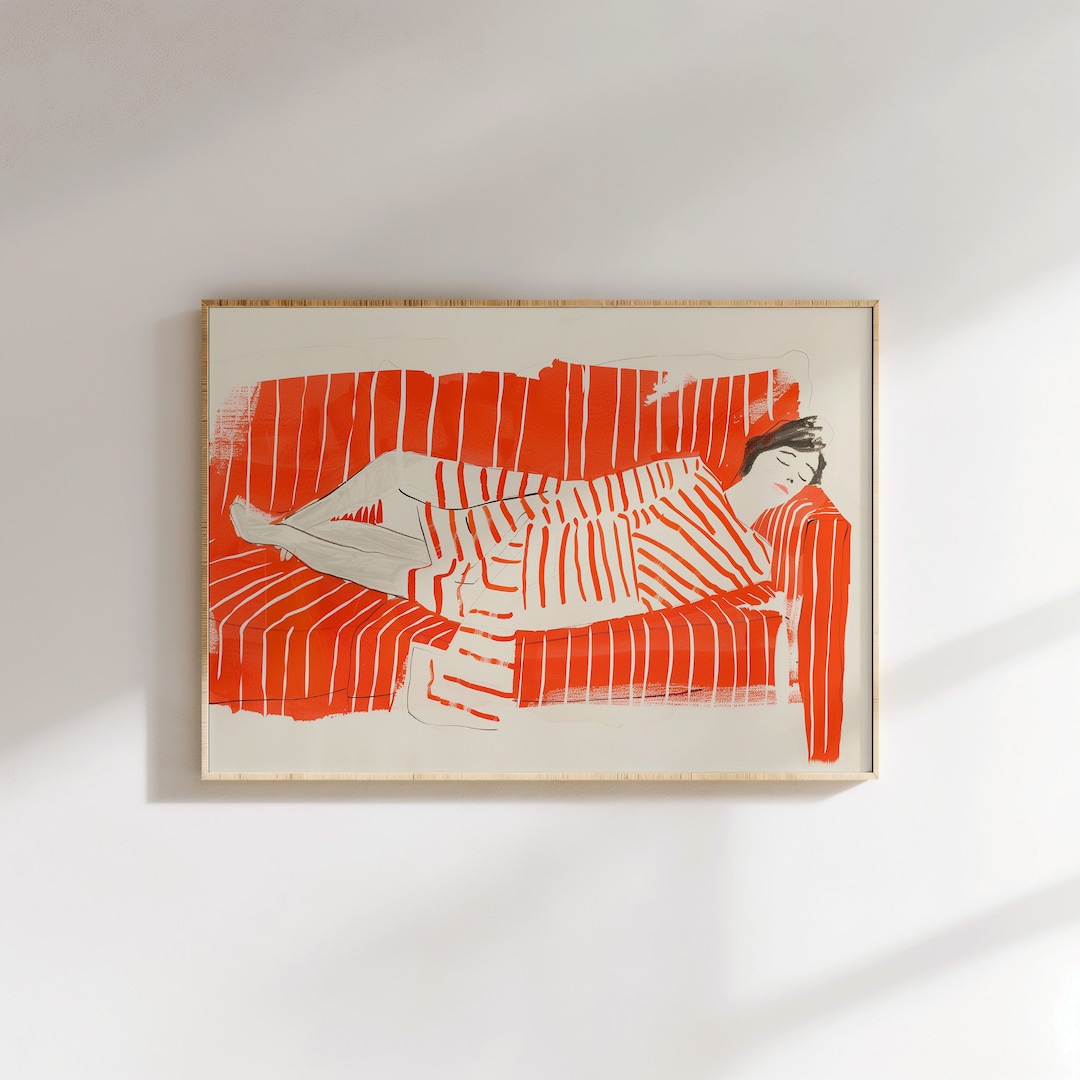 Abstract Modern Wall Art Relaxing Woman in Red Striped Outfit on Sofa ...