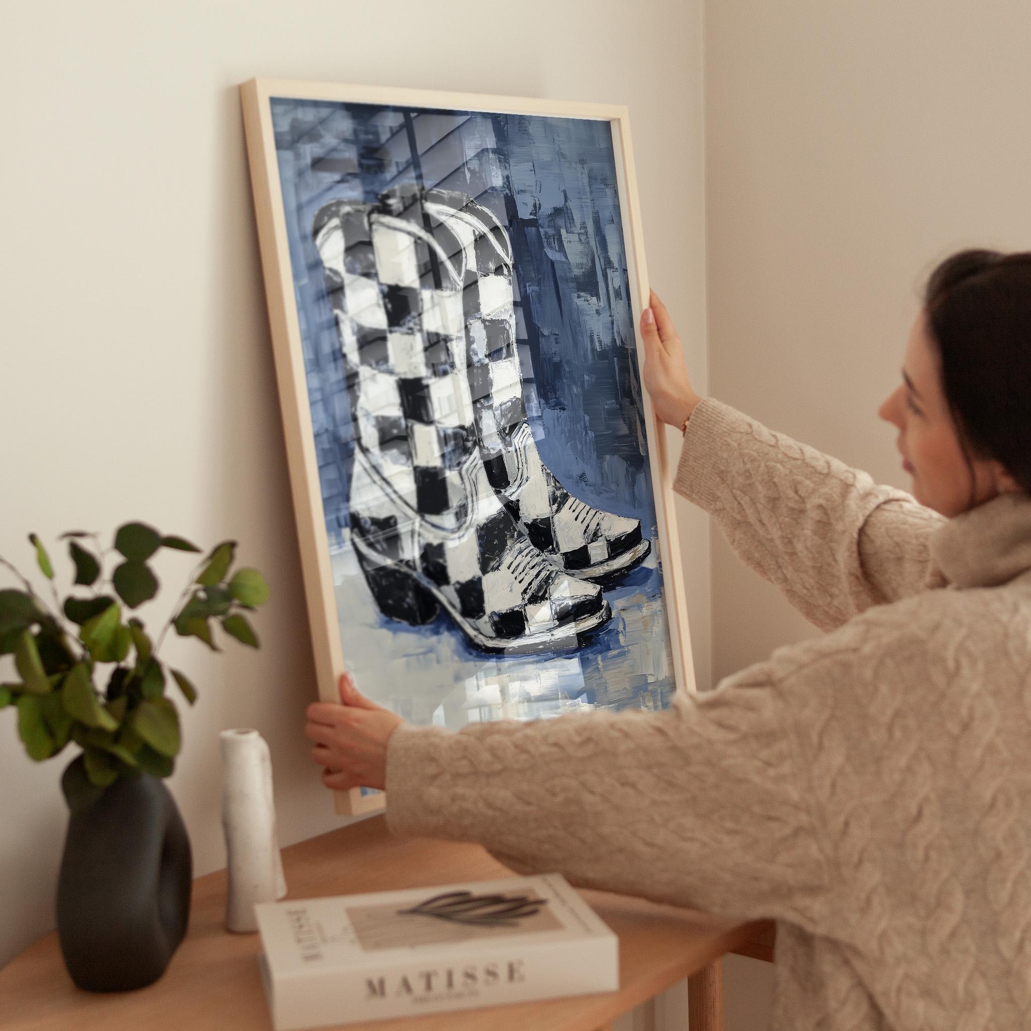 Checkered Cowboy Boots Print: Black and White Western Wall Art (digital ...