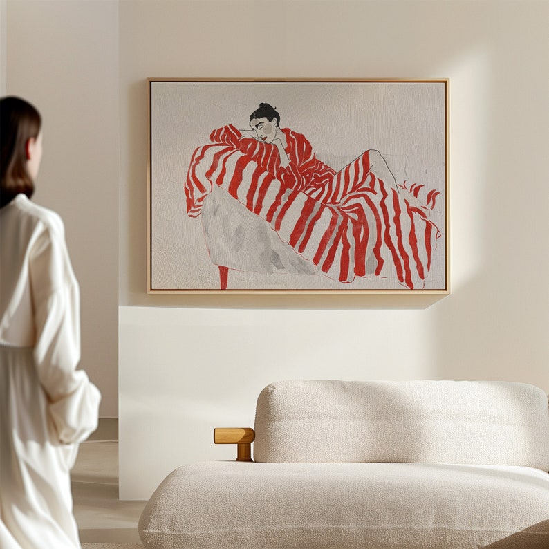 Bold Modern Wall Art Striking Line Drawing Painting of Woman in Red ...