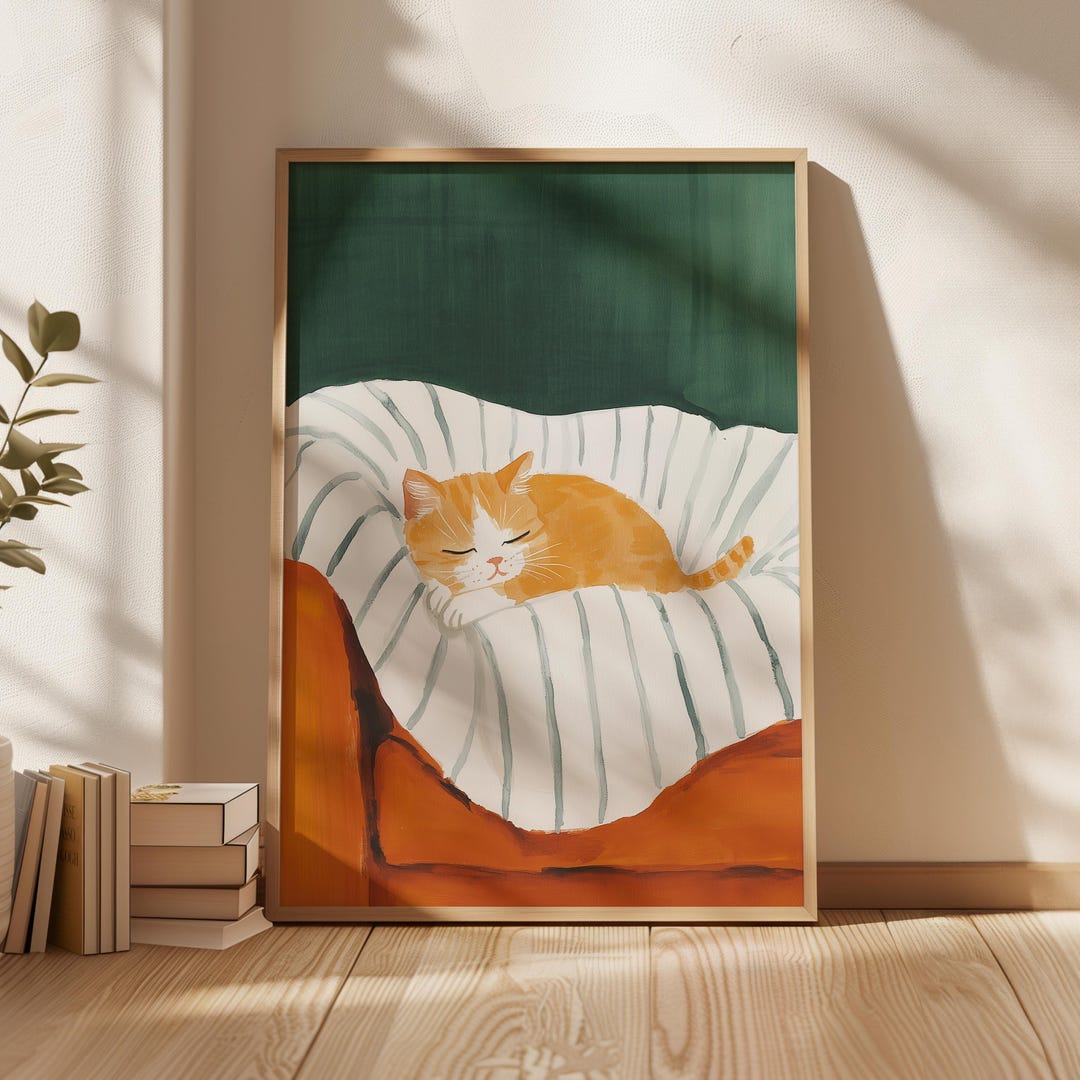 Cute Orange Tabby Cat Sleeping Art, Striped Blanket Cat Painting, Cozy ...