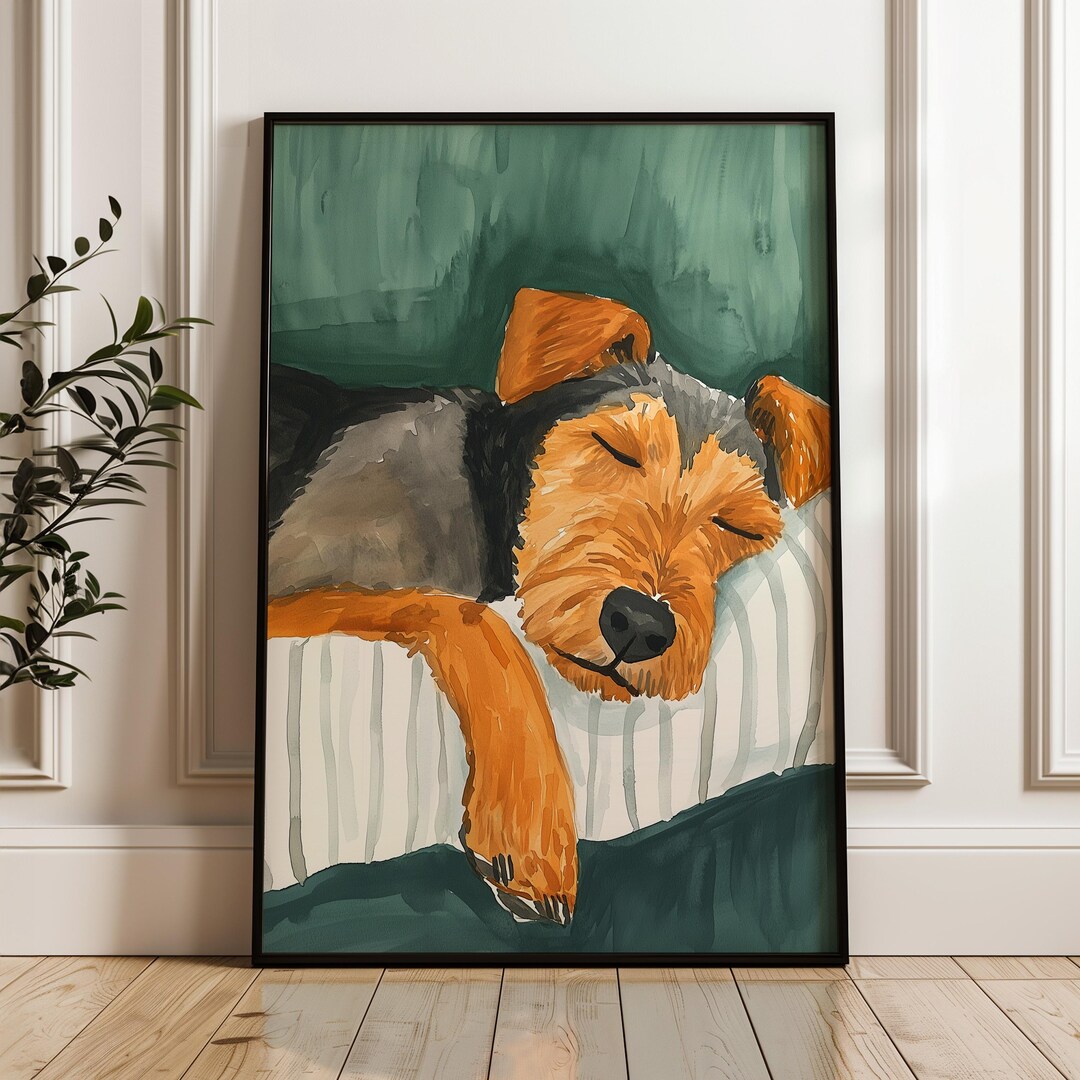 Sleeping Dog Art Print, Watercolor Terrier Dog, Cozy Pet Decor, Green ...