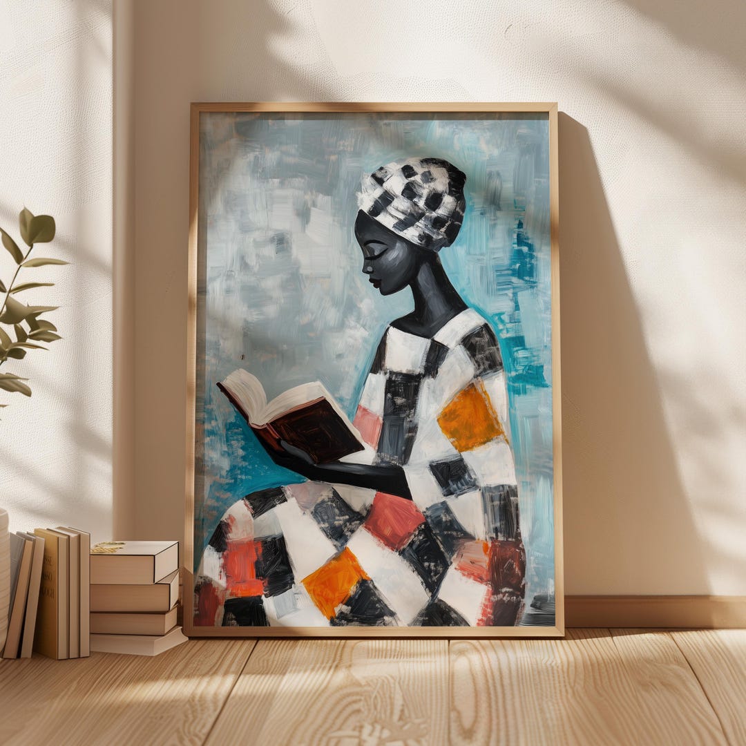 Afro Woman Reading Art Print: Geometric Modern Artwork (digital ...