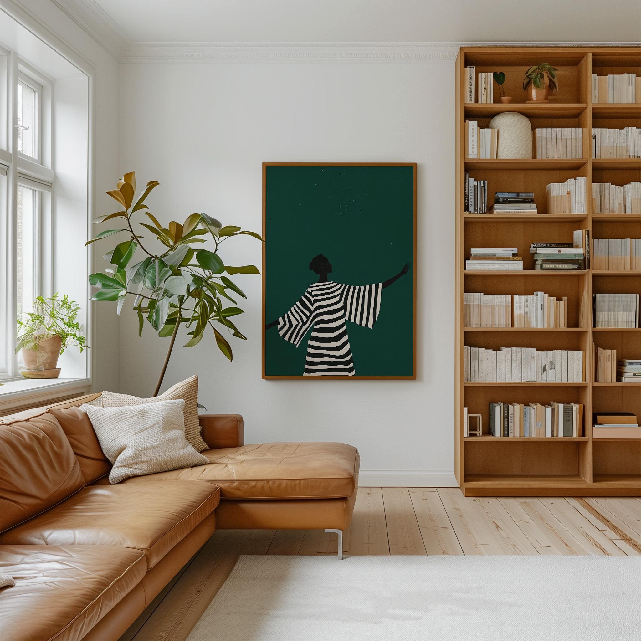 Emerald Green Woman Art Print: Minimalist Black and White Stripe ...