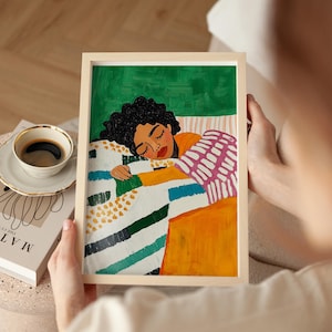 Resting Woman Art Print: Colorful Bedding, Minimalist Bedroom Decor ...