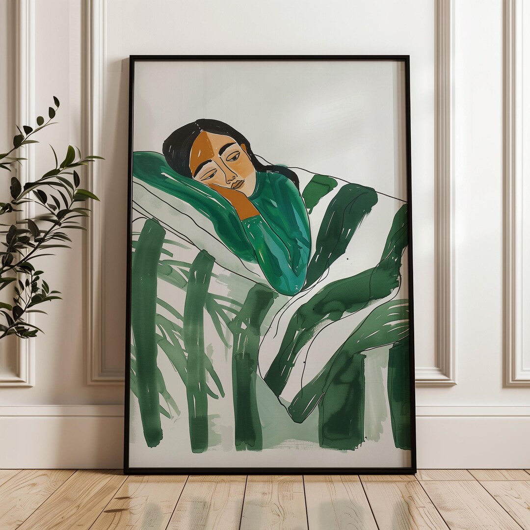 Minimalist Woman Resting Pop Art Print, Modern Wall Art With Green ...