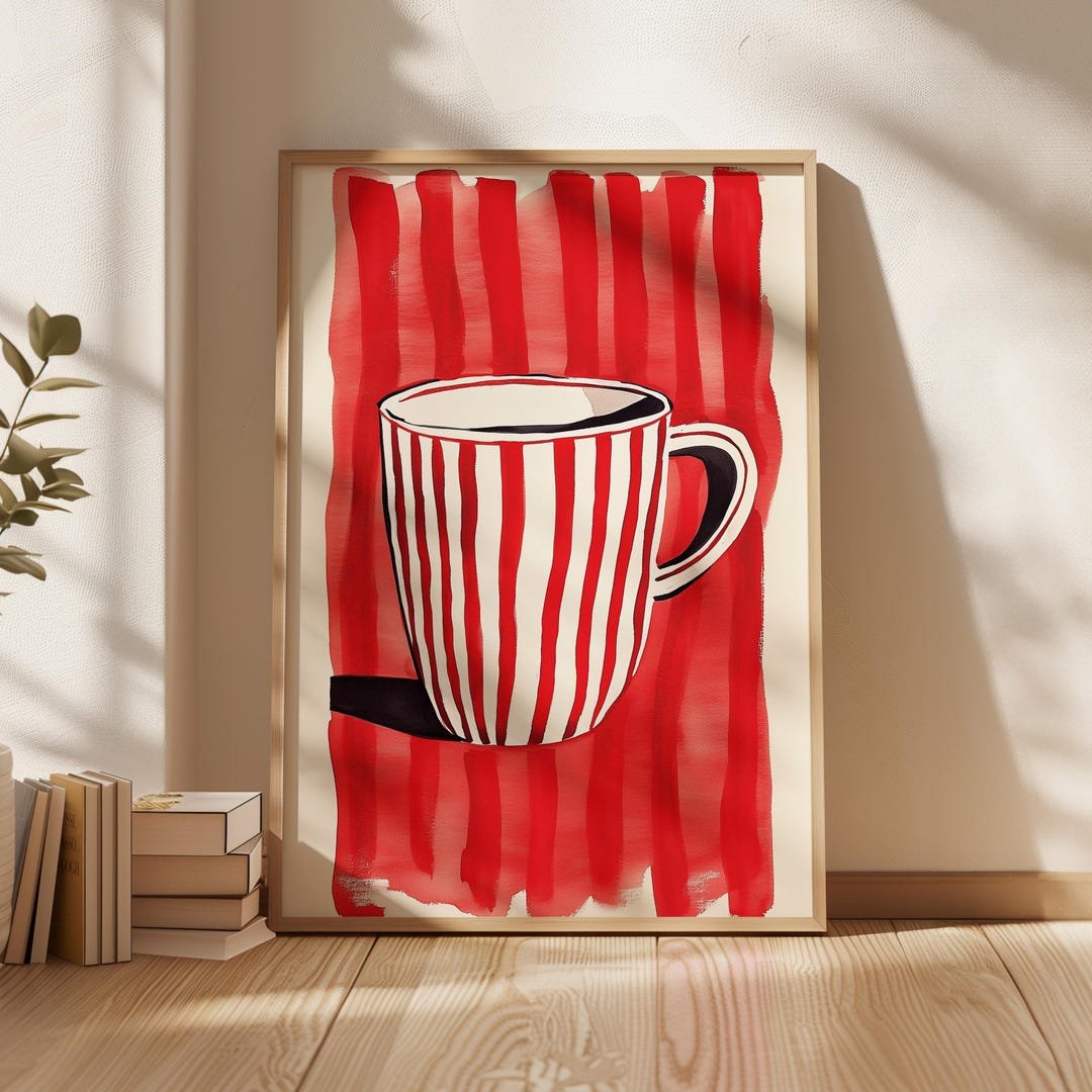 Red and White Striped Mug Print, Modern Kitchen Wall Art, Minimalist ...