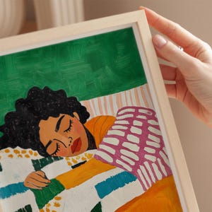 Resting Woman Art Print: Colorful Bedding, Minimalist Bedroom Decor ...