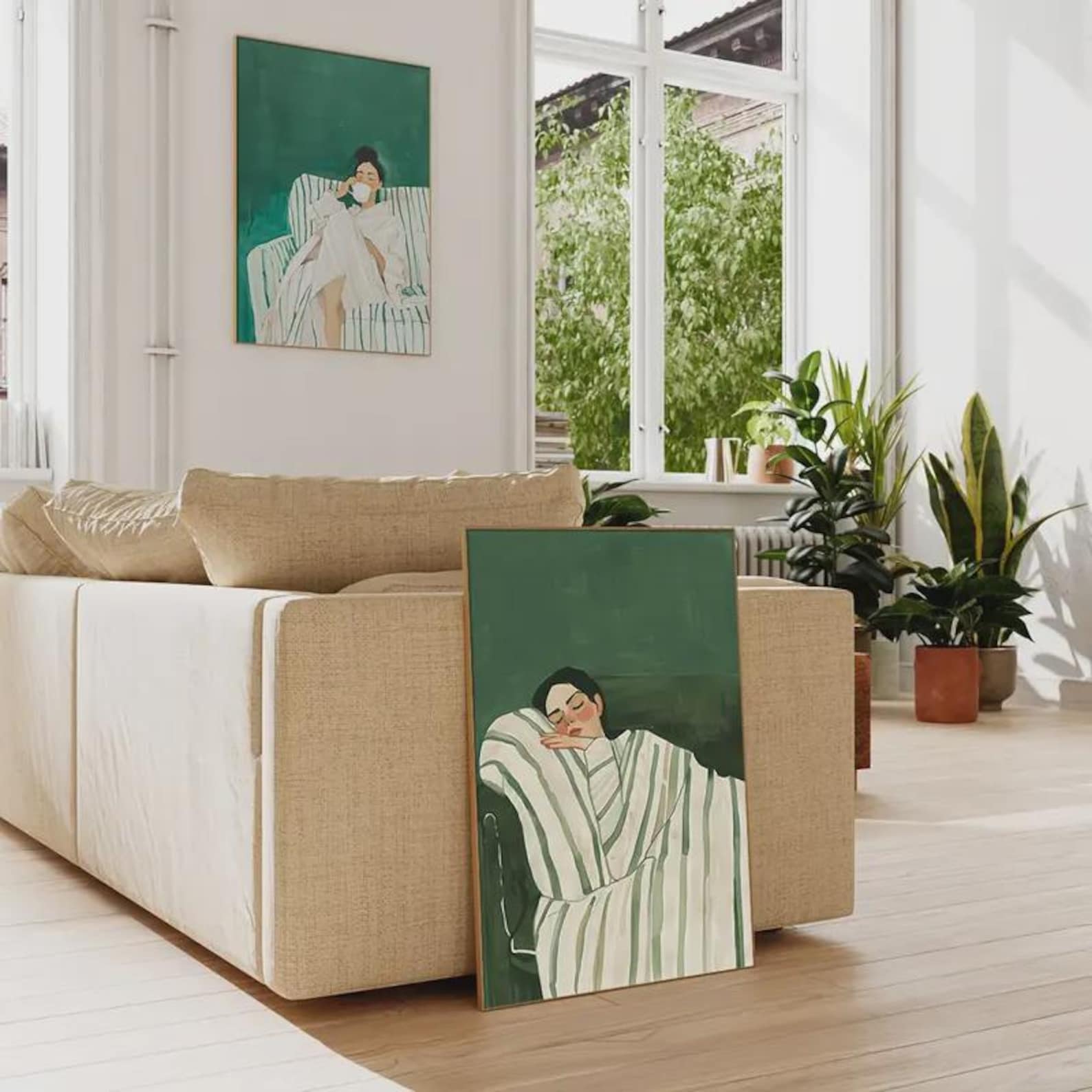 Emerald Green Abstract Woman Print Set: Modern Living Room Art (digital ...