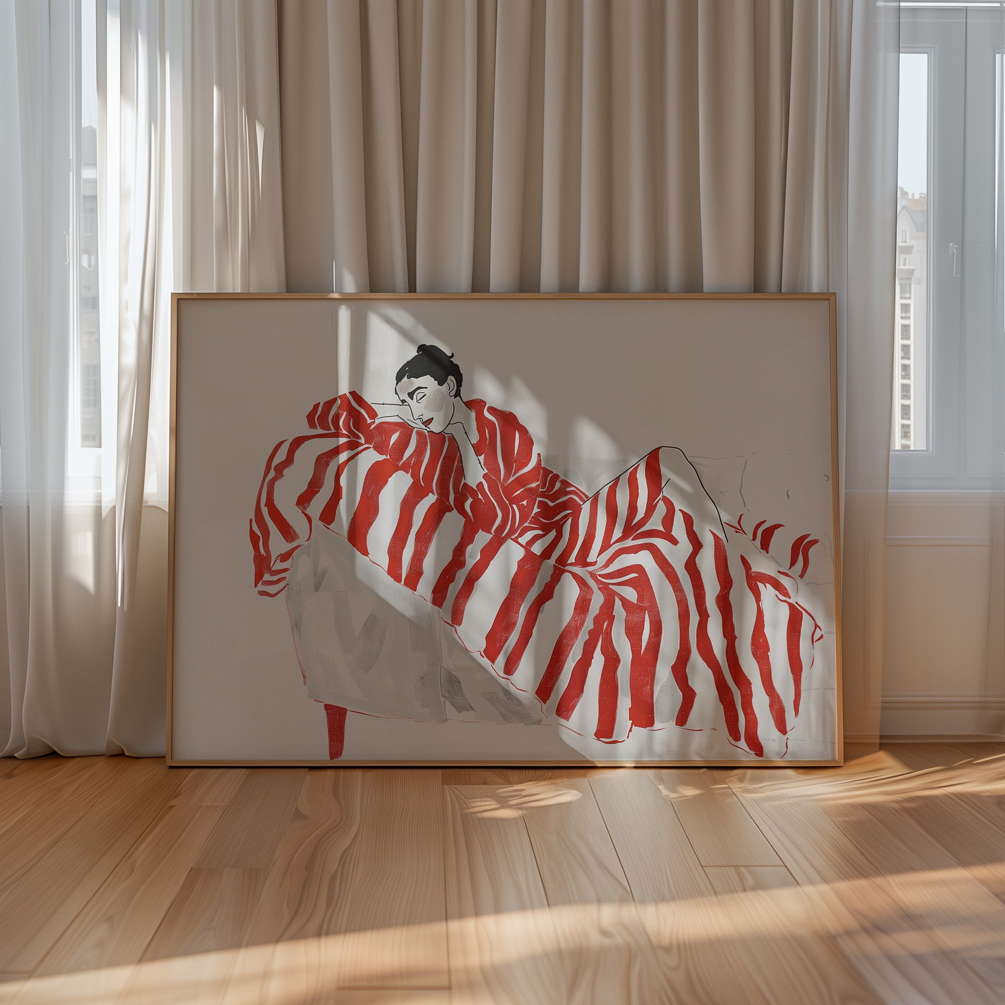 Bold Modern Wall Art Striking Line Drawing Painting of Woman in Red ...