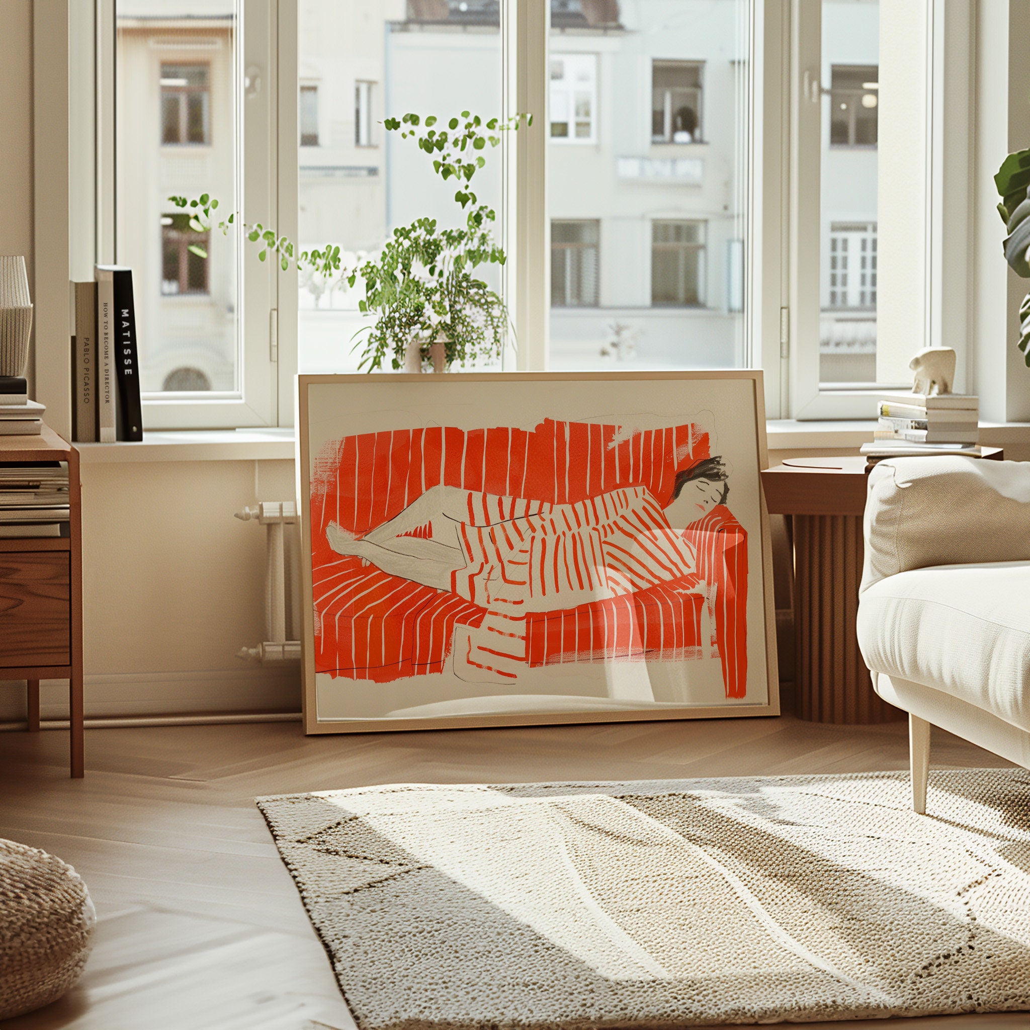 Abstract Modern Wall Art Relaxing Woman in Red Striped Outfit on Sofa ...