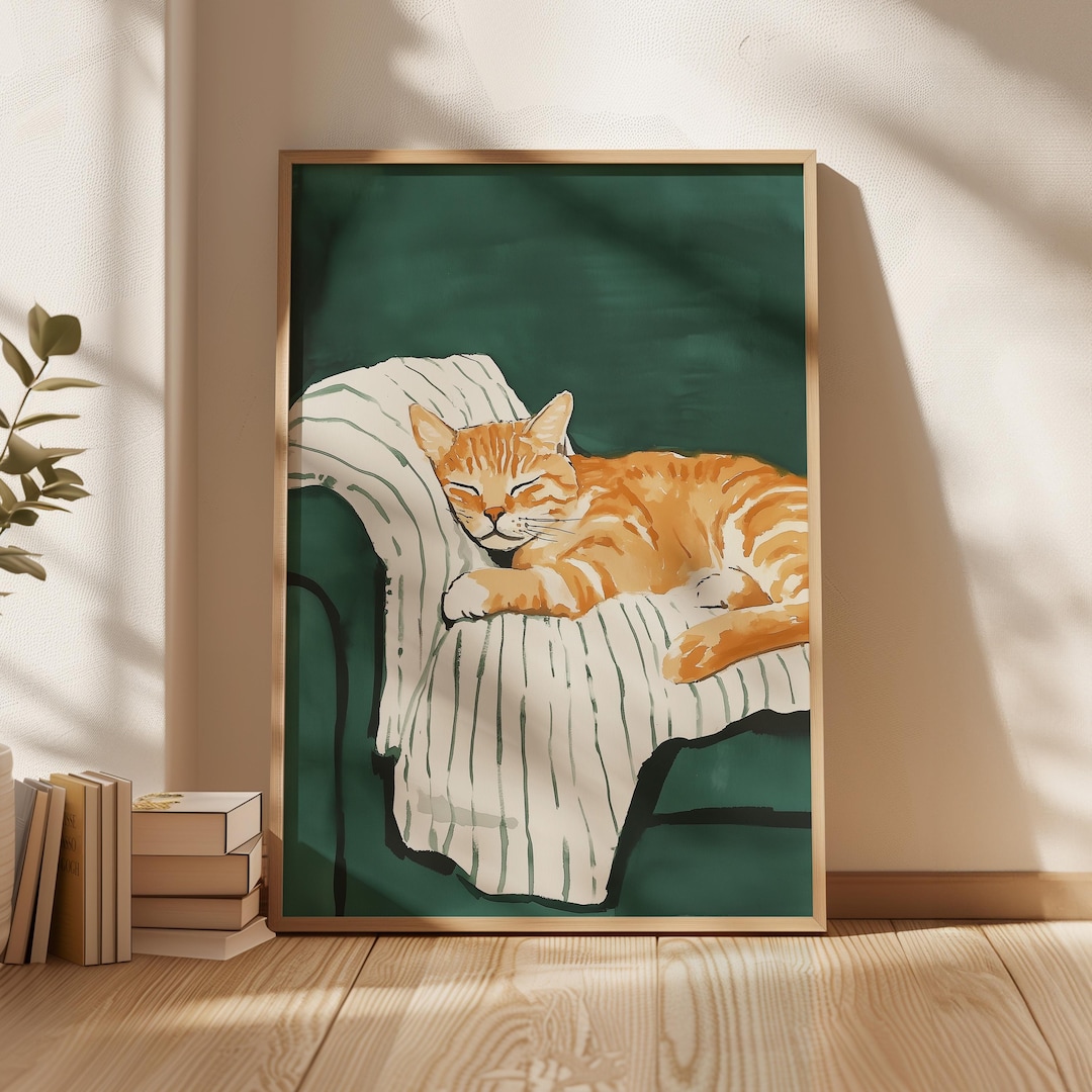 Cozy Orange Tabby Cat Art Print: Whimsical Pet Portrait (digital ...