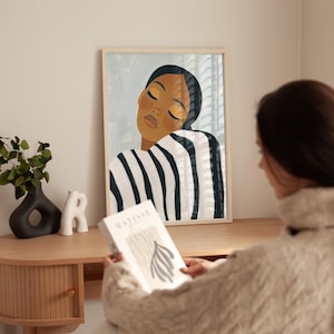 Abstract Sleeping Woman Art Print, Black and White Stripes Wall Decor ...