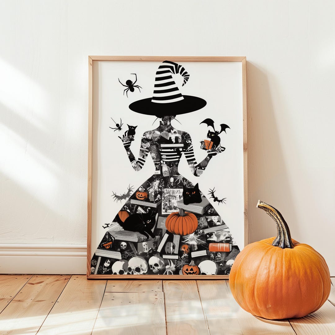 Haunted Witch Collage Art Print: Halloween Black Cat & Pumpkins ...