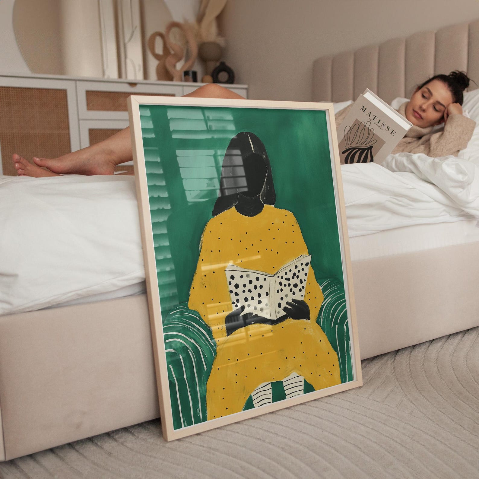 Reading Woman Art Print: Yellow, Green, Minimalist Portrait (digital ...