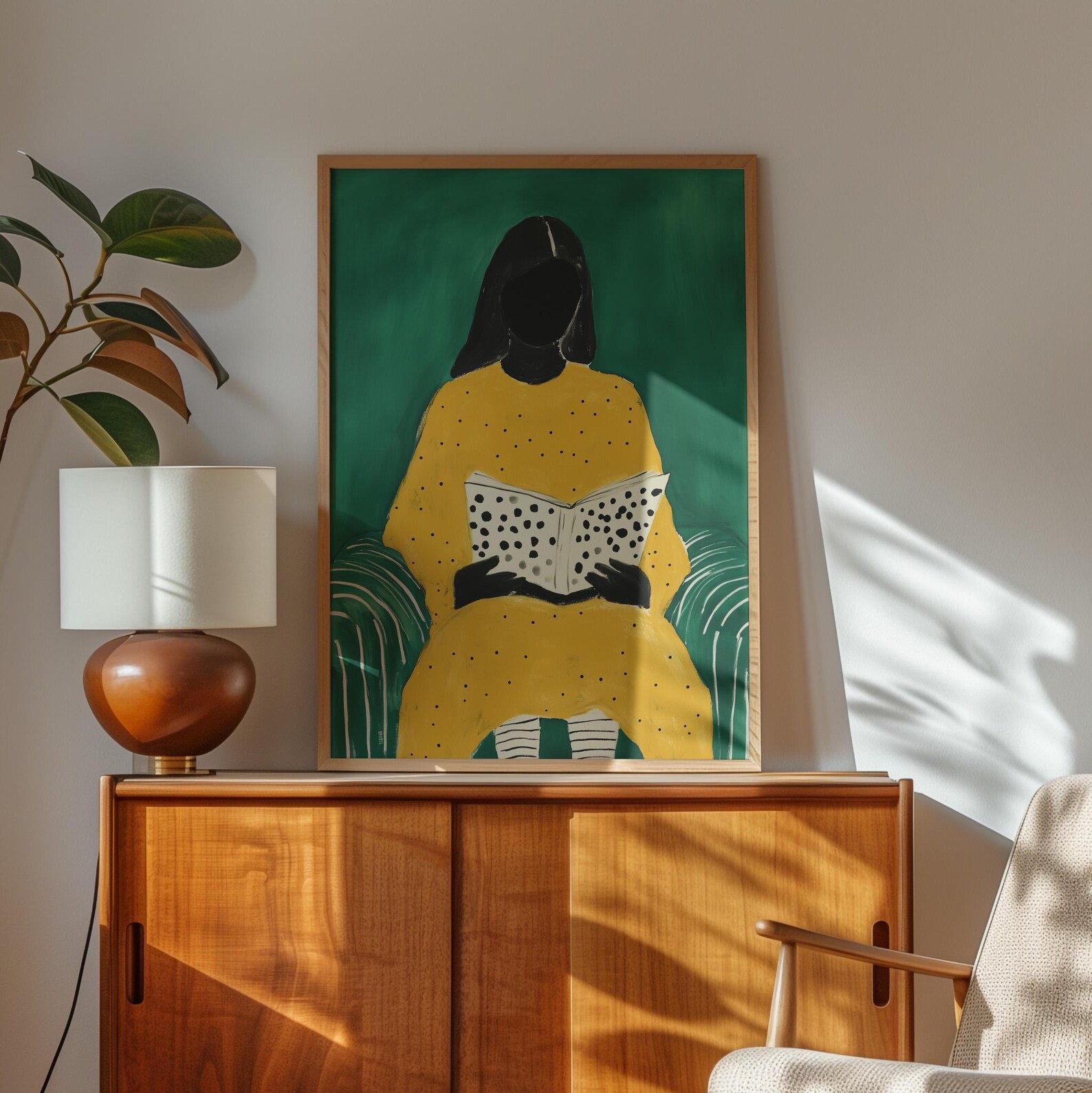 Reading Woman Art Print: Yellow, Green, Minimalist Portrait (digital ...