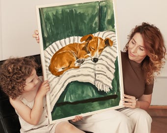 Golden Retriever Sleeping Art Print, Dog on Green Couch Watercolor ...