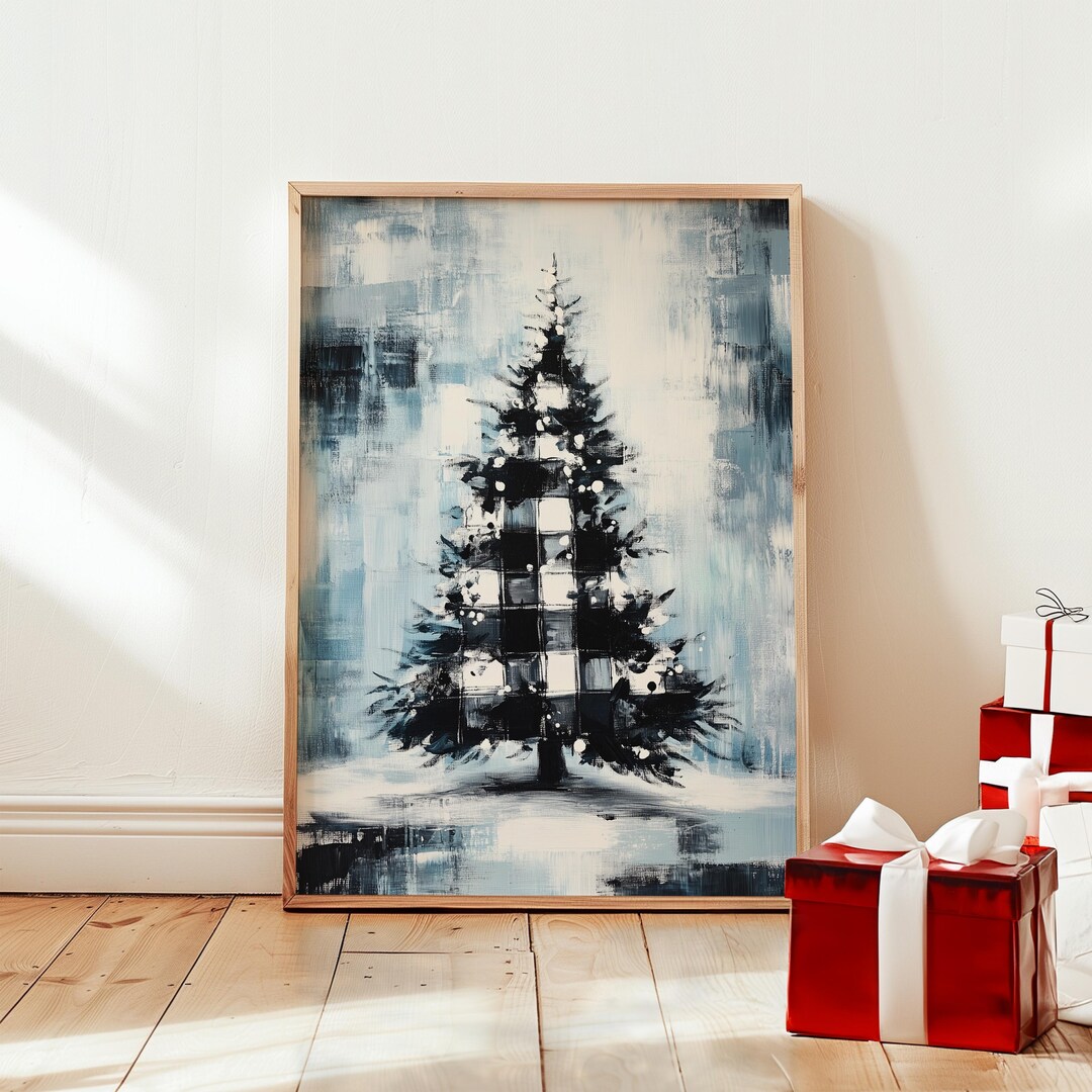 Abstract Christmas Tree Print: Black, White & Blue Winter Art (digital ...
