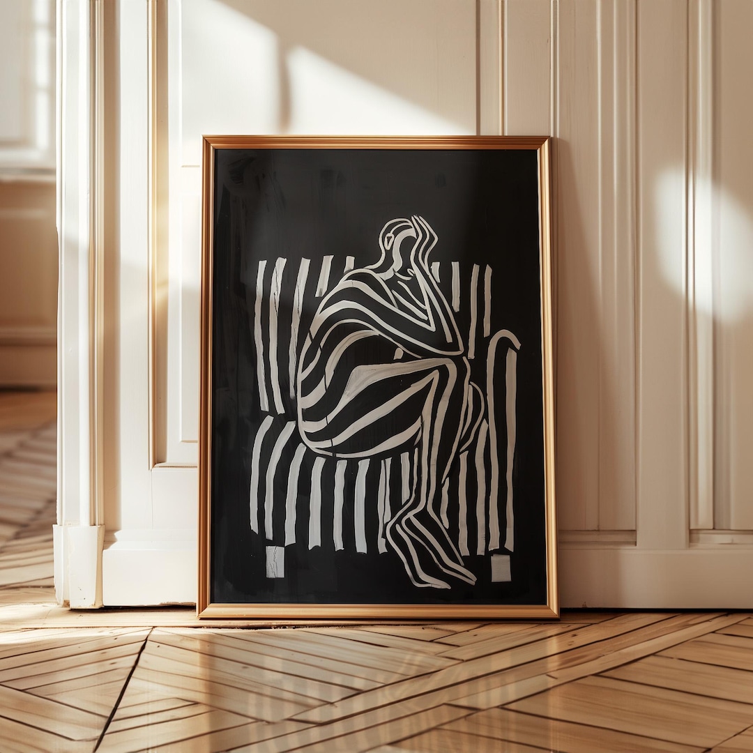 Minimalist Figure Art Print: Black and White Striped Design (digital ...