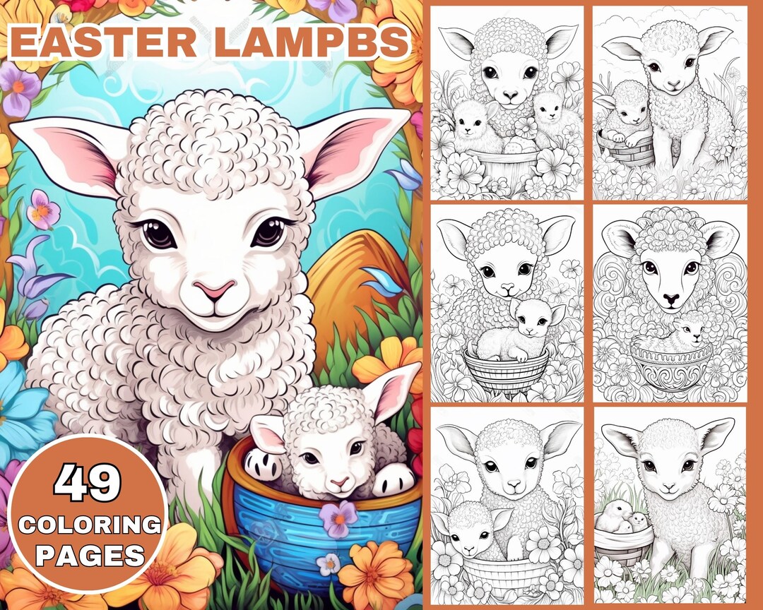 49 Easter Sheep Coloring Book, Printable Easter Lamb Scenes Coloring ...