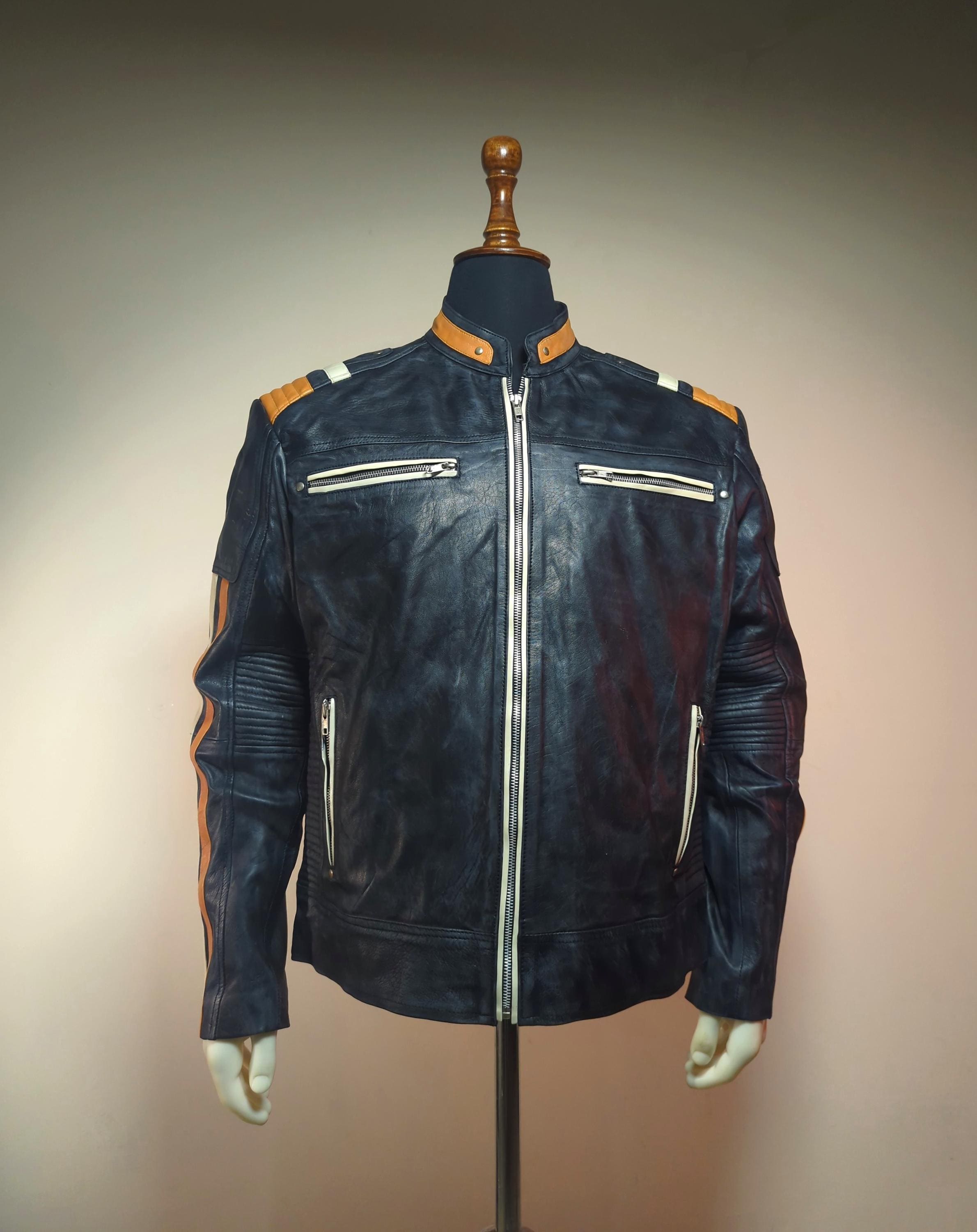 Mens's Retro Cafe Racer Biker Jacket Motorcycle Distressed Leather ...