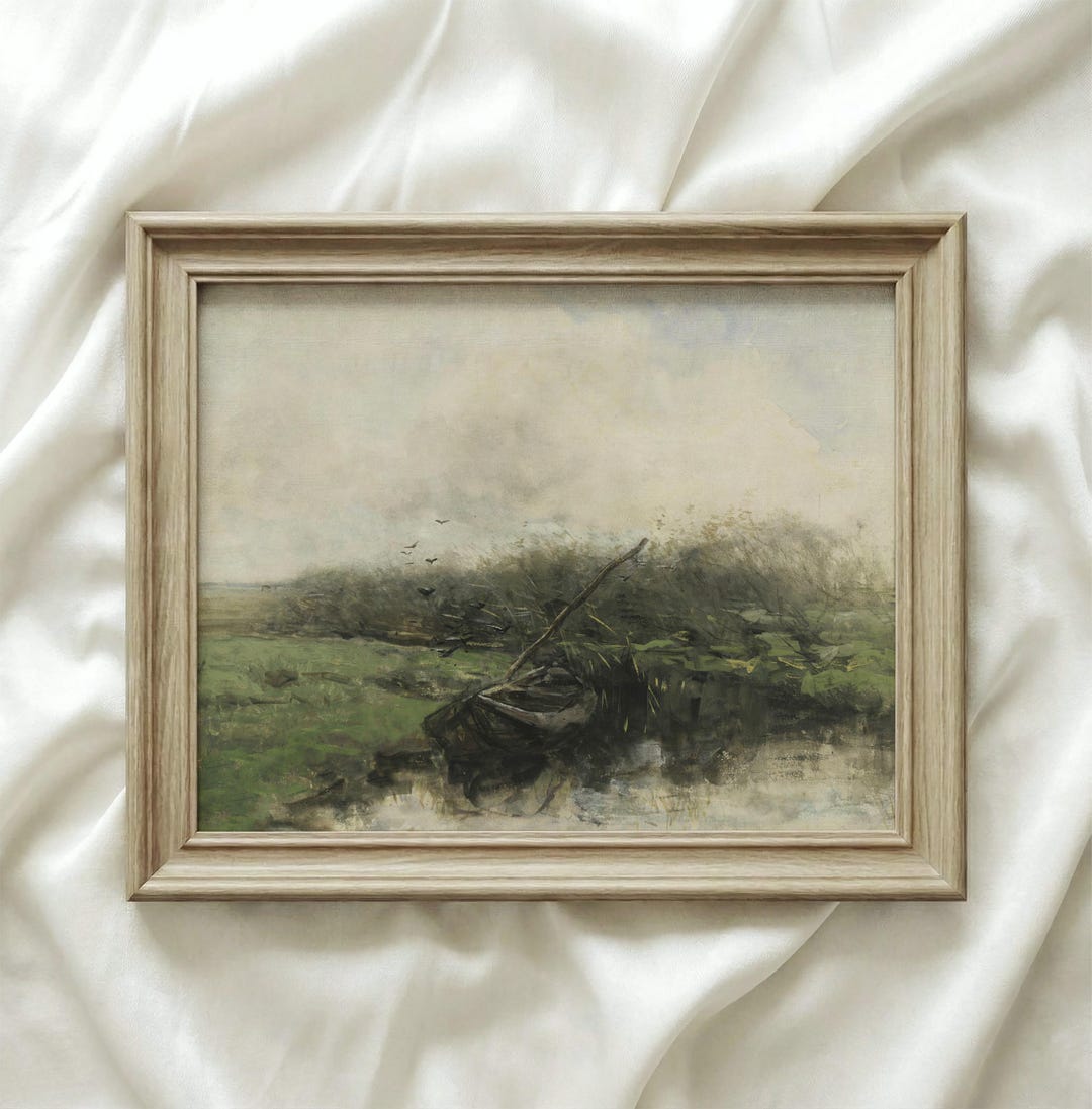 Moody Oil Painting, Marsh Landscape Print, Antique Lake House Wall Art ...