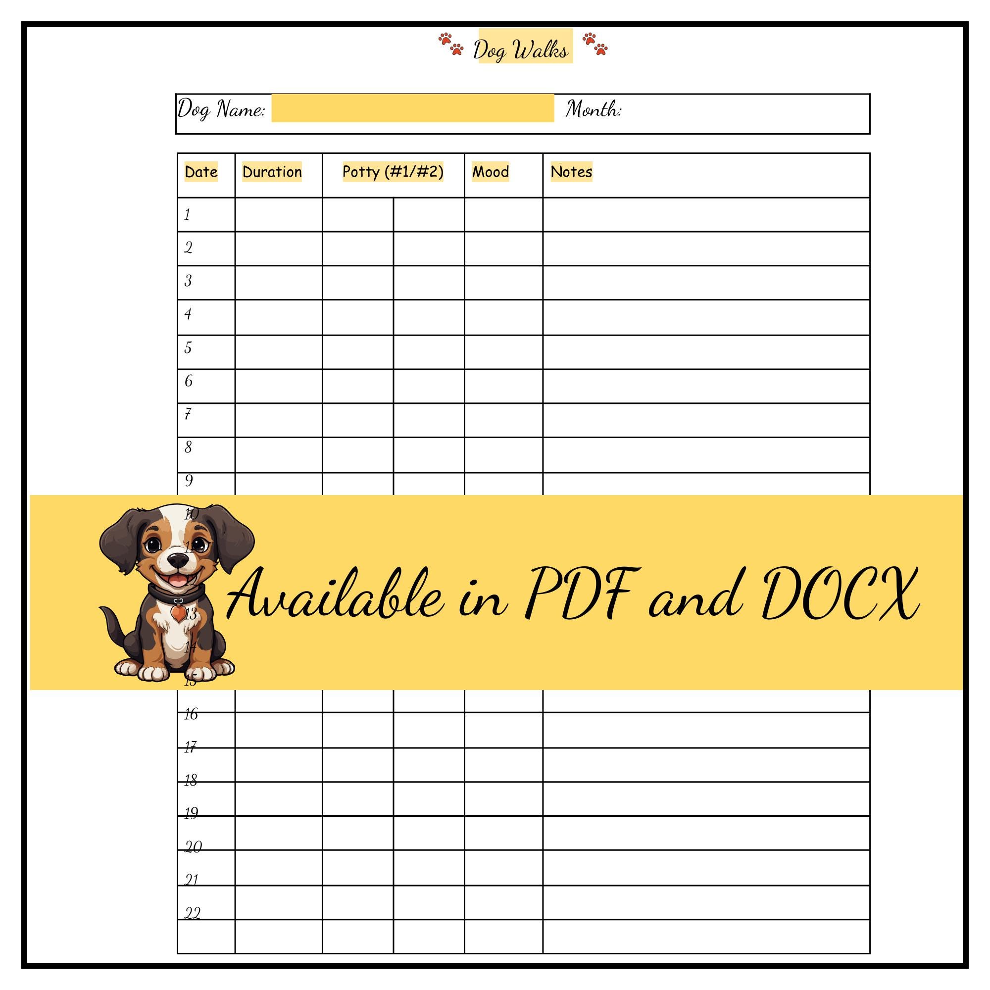 Printable & Editable Monthly Dog Walk Tracker, Dog Walks, Printable ...