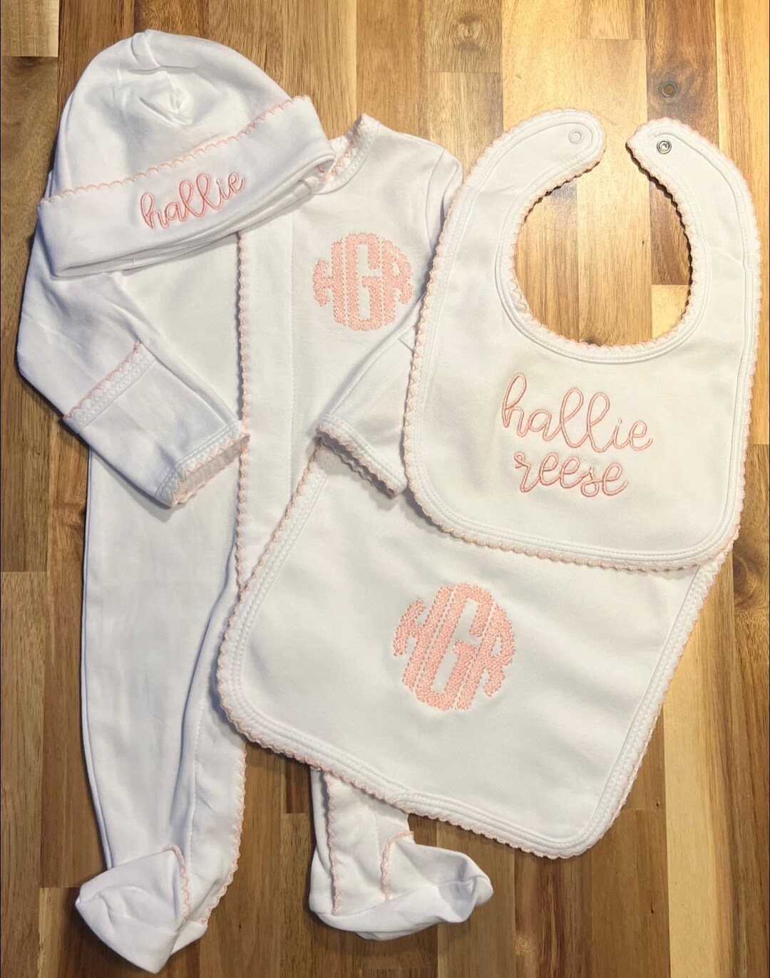 Personalized Baby Picot Trim Sleeper Set, NEWBORN Footie, Embroidered ...