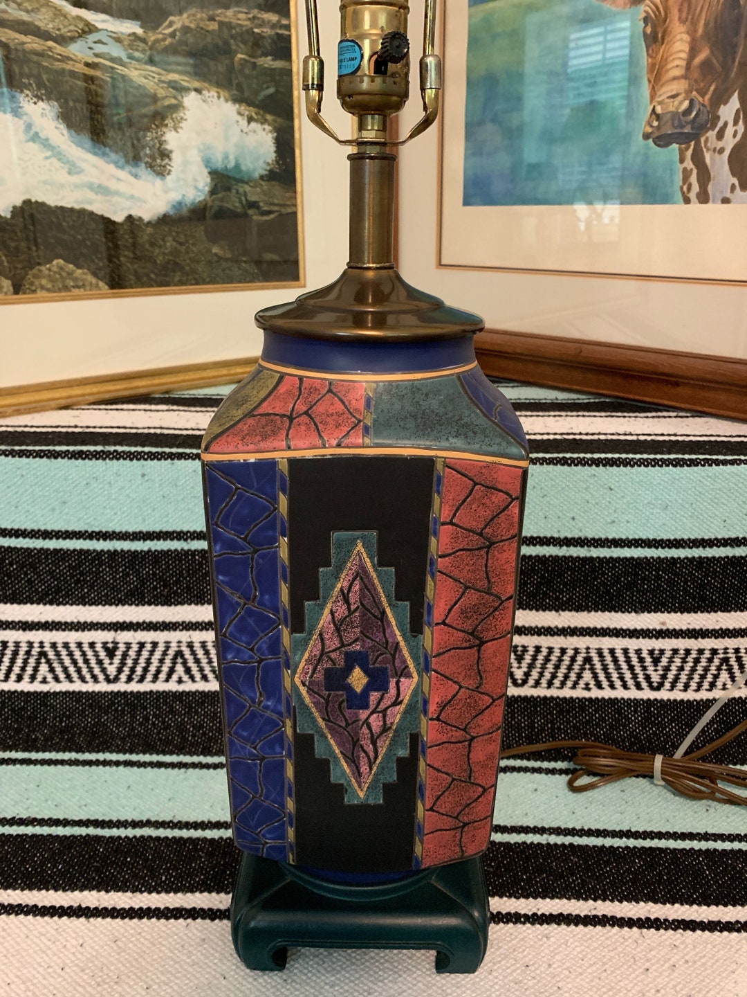 Southwestern Tribal Aztec Cross Design Ceramic and Brass Table Stand ...