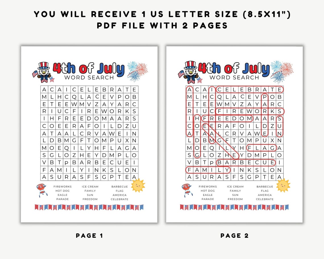 4th of July Word Search, Kids Fourth of July Printable, Independence ...