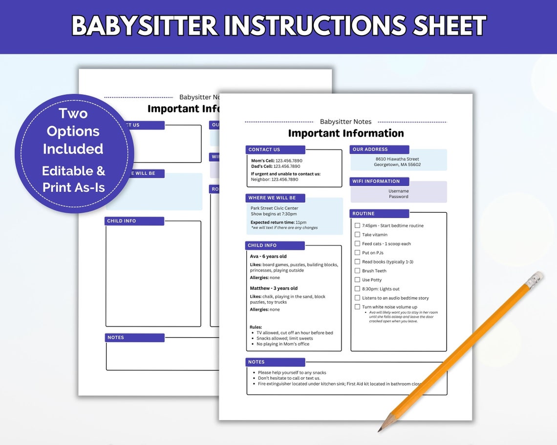 Babysitter Notes Template | Printable Emergency Contact Info | Editable ...